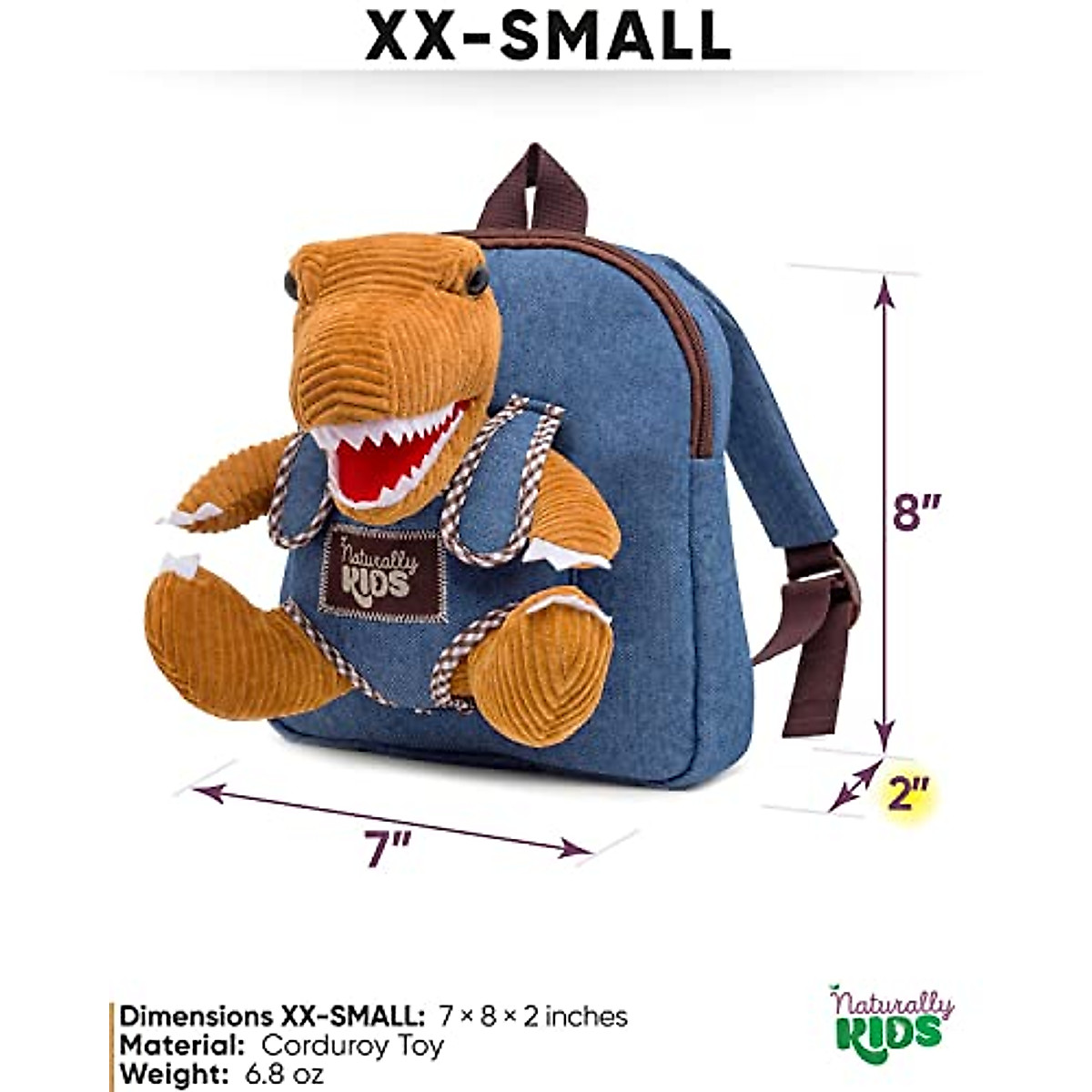 Naturally KIDS Mini Dinosaur Backpack - Dinosaur Toys for Kids Age 2 - Very Small Toddler Backpack for Boys Girls w Stuffed Animals - Little Backpack w Brown Corduroy T Rex