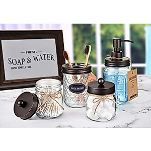 Mason Jar Bathroom Accessories Set - Includes Liquid Hand Soap Dispenser and Qtip Holder Set - Rustic Farmhouse Decor Apothecary Jars Bathroom Countertop and Vanity Organizer (Bronze)