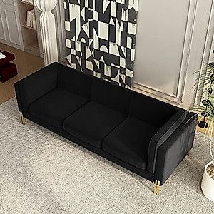 Gooamz Modern Velvet Sofa Couch, 95 Inch Chesterfield Sofa with Removable Cushions and Gold Metal Legs, Large Comfy Tufted Upholstered 3 Seater Couch for Living Room, Office, Hotel, Black