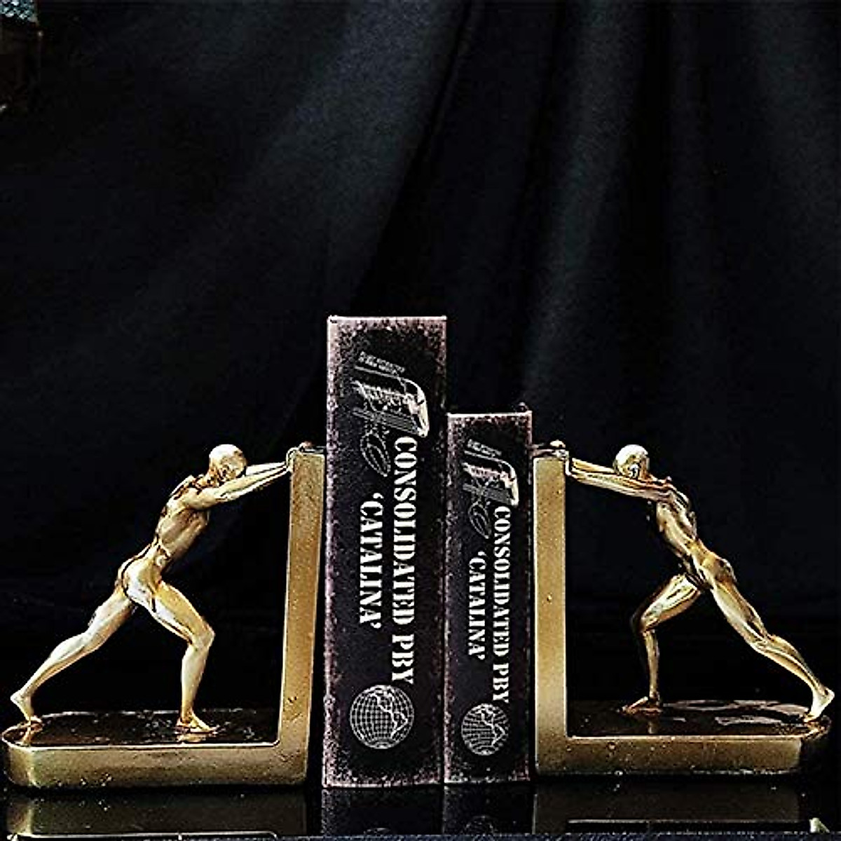 QLAZO Bookend Supports HeavyDuty ， Small Humanoid Bookend Set of Two, Bronze Finish Book Organizer Children Adults Desk Office Home Decoration