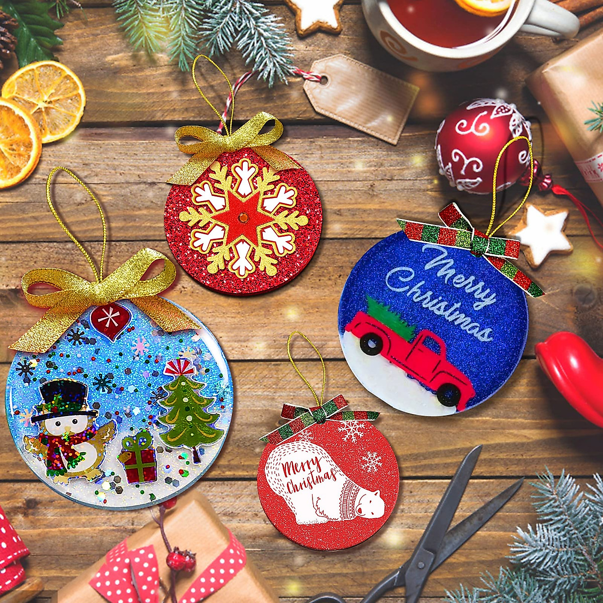 Juome Christmas Ornaments Resin Molds Silicone, 4 Pcs Round Shape Pendant Christmas Molds for Epoxy Resin, DIY Crafts Keychain Making Christmas Tree Decorations