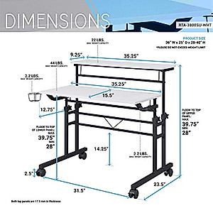 Techni Mobili Rolling Writing Height Adjustable Desktop and Moveable Shelf Desk, 25" D x 44.5" W x 28-39.75" H, White