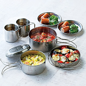 10Pcs Stainless Steel Camping Cookware Mess Kit, Camping Cook Pot with Folding Handle, Backpacking Mess Kit, Hiking Camping Cooking Set with Cups, Pots, Dishes, Spoons, Pans