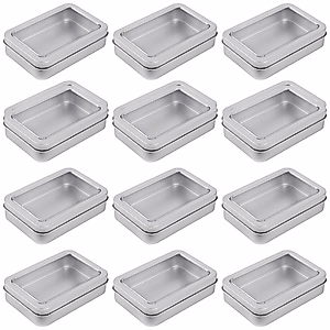 Framendino, 12 Pack Metal Rectangular Storage Organizer Tins with Clear Window Hinged Lids Silver