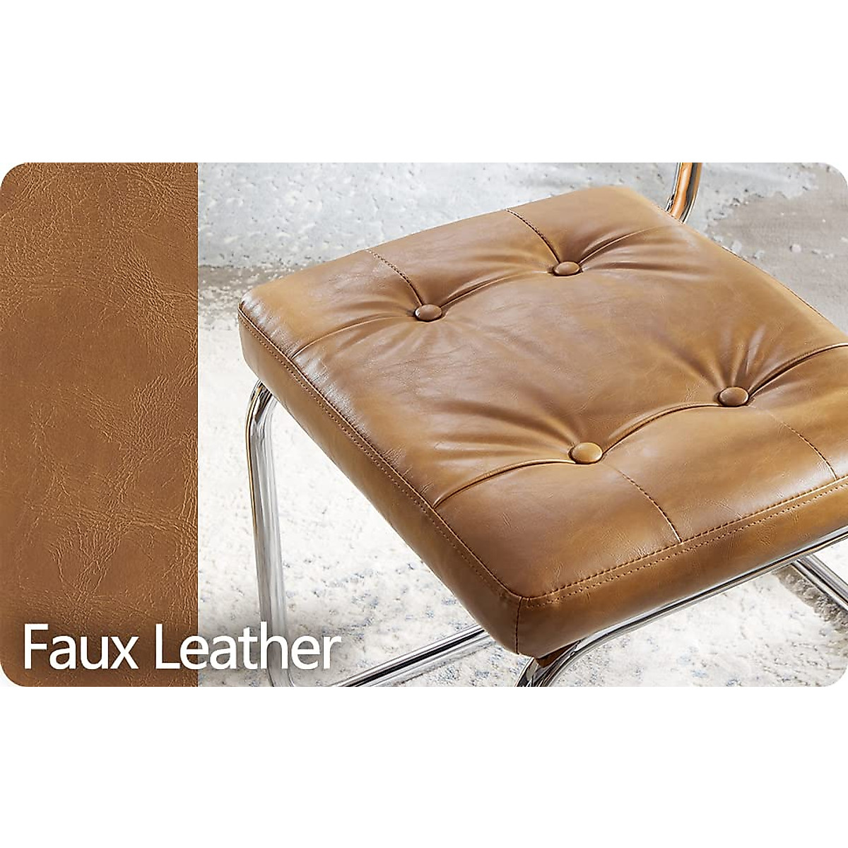 Zouron Mid-Century Modern Dining Chairs, Leather Accent Kitchen Chairs with Rattan Back, Armless Upholstered Fabric Spone Chairs with Chrome Metal Legs, Set of 2, Yellwo Brown