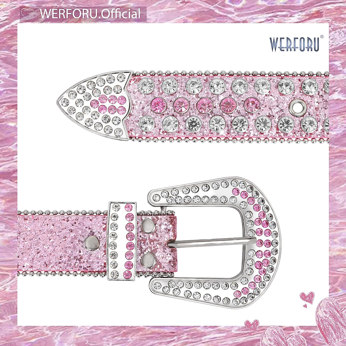 WERFORU Women Western Rhinestone Studded Leather Belt Cowgirl Bling Waist Belt for Jeans Dress, Pink,Fit Waist Size 27-31 Inches