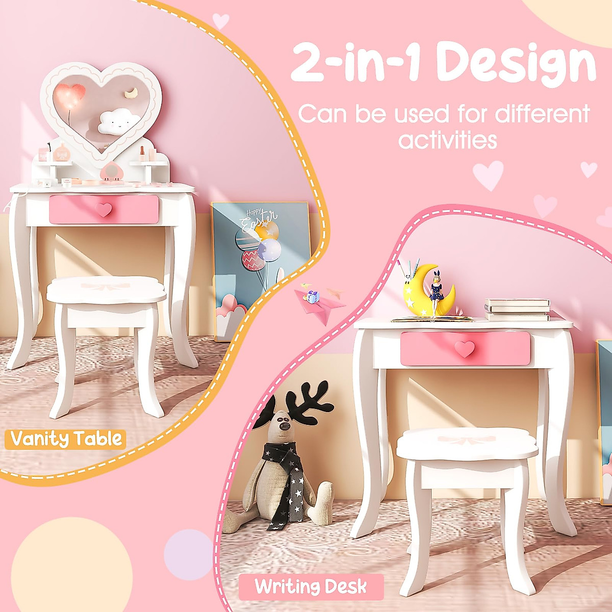 Costzon Kids Vanity Set, Girls Vanity Set with Mirror and Stool, Accessories, Drawer & Storage Shelf, Wooden Princess Makeup Dressing Table, Pretend Play Vanity Table and Chair Set for Toddlers, White