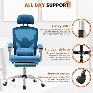 Sweetcrispy Office Computer Desk Chair, Ergonomic High-Back Mesh Rolling Work Swivel Chairs with Wheels, Comfortable Lumbar Support, Comfy Arms for Home, Bedroom, Study, Student, Blue