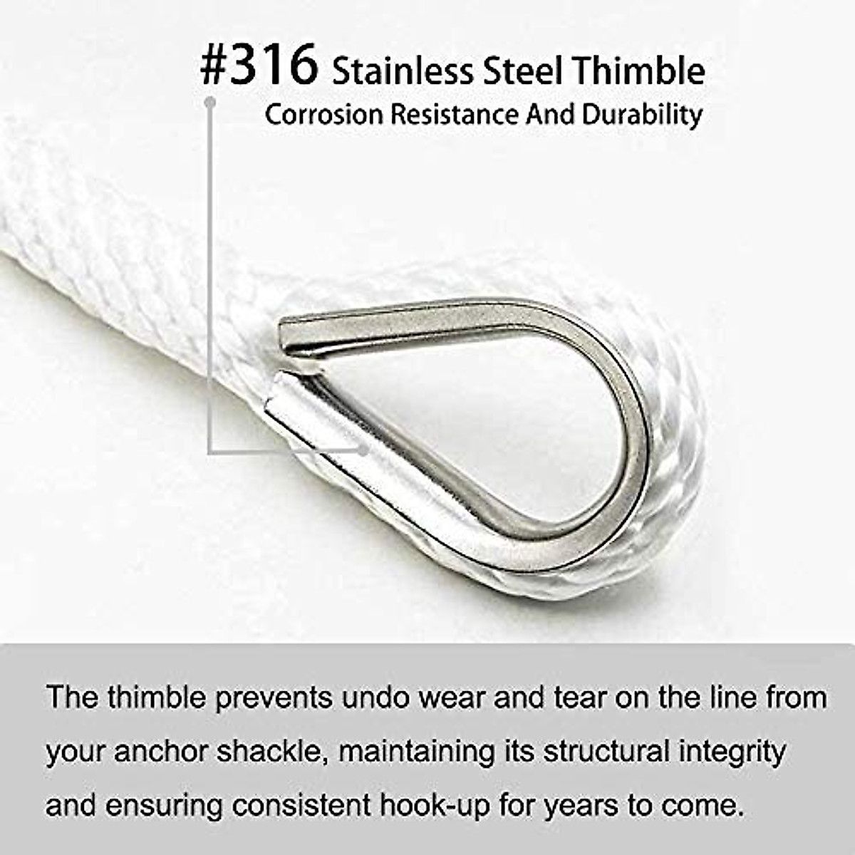 Young Marine Premium Solid Braid MFP Anchor Line Braided Anchor Rope/Line with Thimble (3/8" x 150', White)