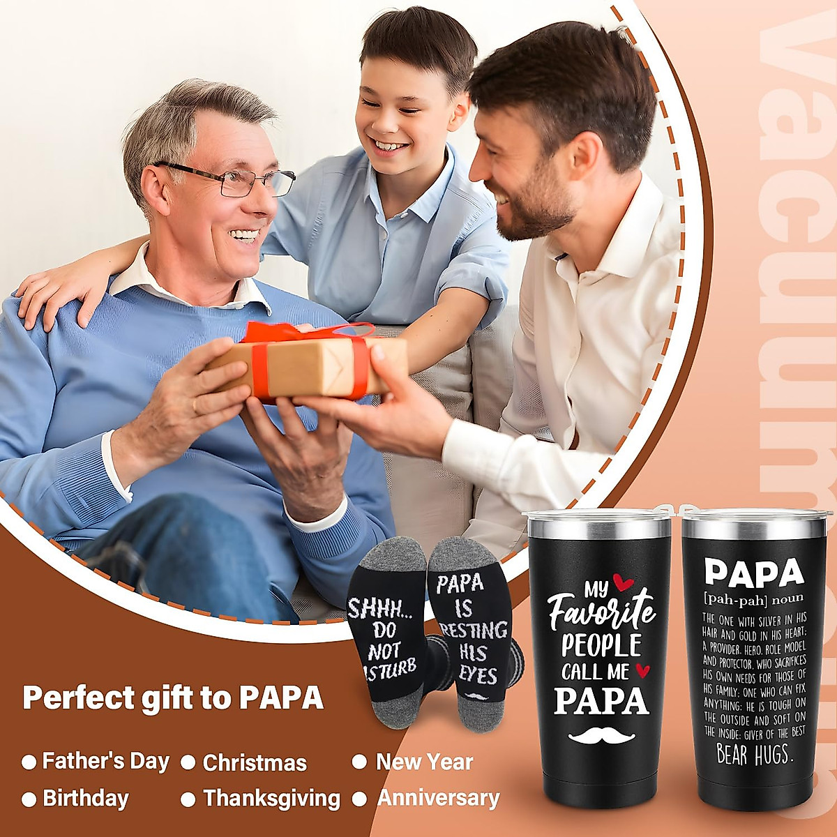 Papa Tumbler Cup Gifts for Grandpa Papa Fathers Day Birthday Gifts from Grandkids, Granddad Grandfather Grandparents Gift from Granddaughter, Best Grandpa Ever Gift, 20oz Black Cup and Socks Set