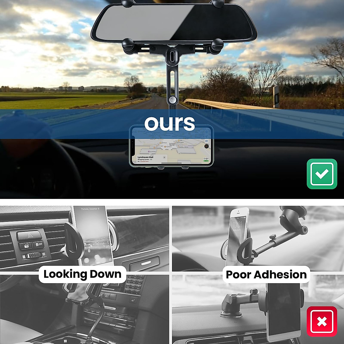 KKaizhengZ Rear View Mirror Phone Holder, 360° Rotatable and Retractable Car Phone Holder, New Upgrade & Multifunctional 4 Claws Phone Mount for Car Compatible with All 4-7 Inch Smartphones