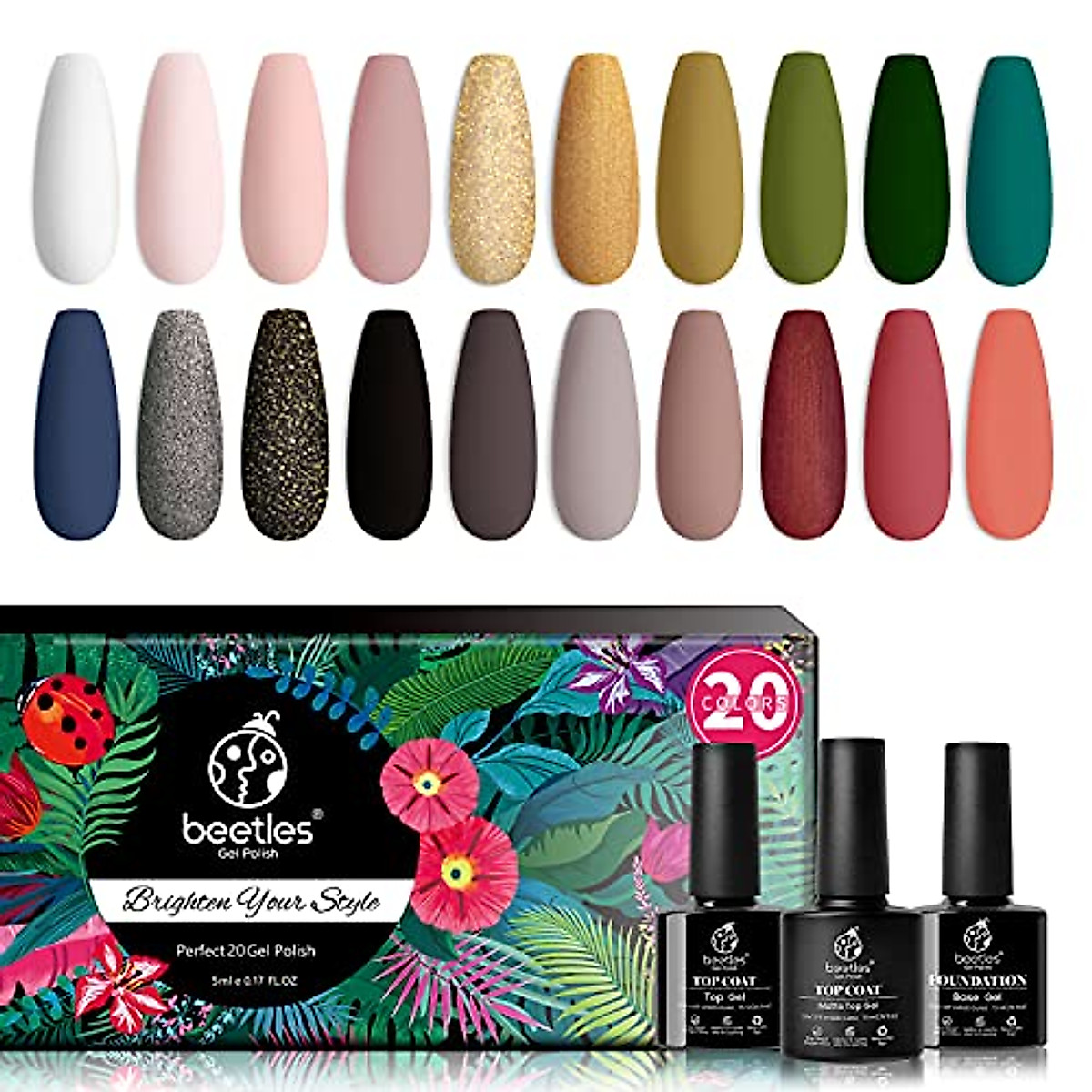 Beetles 20Pcs Gel Nail Polish Kit with Base Gel Top Coat- Lucky Tarot Collection White Black Nude Grey Glitters Gel Polish Golden Journey Nail Art Green Nails UV Manicure Gifts for Women