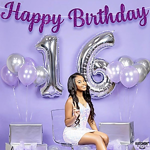 KatchOn, Glitter Happy Birthday Banner Purple - Prestrung, 10 Feet | Cursive Purple Happy Birthday Sign, Purple Birthday Decorations for Women | Purple Birthday Banner for Purple Party Decorations