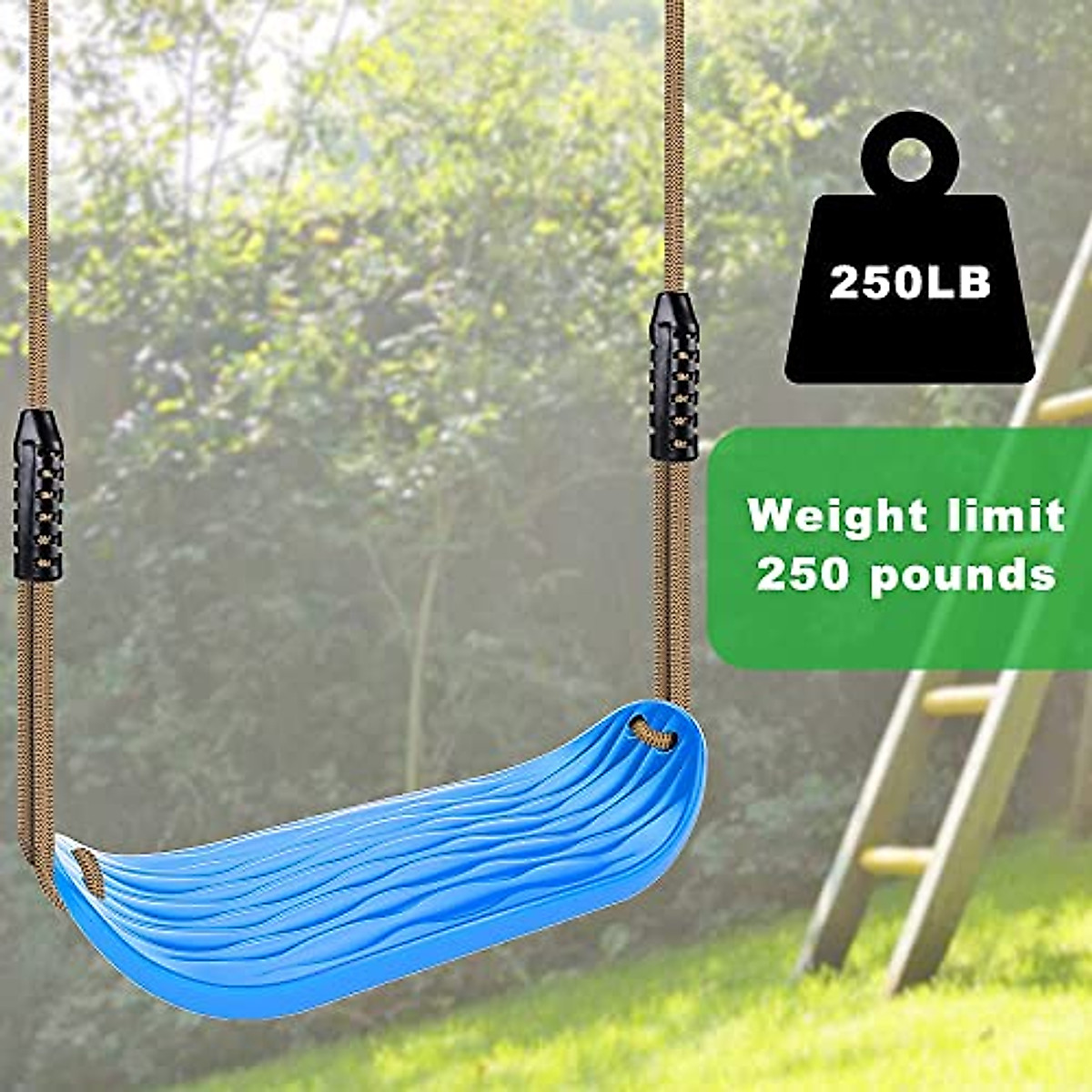 SELEWARE Plastic Swing Seat, Non Slip Tree Swing Set with Adjustable Rope and 2 Carabiners, Heavy Duty Playground Swing Set Accessories for Kid Indoor Outdoor Backyard, Blue