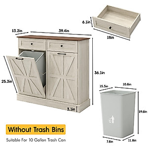 Halitaa Trash Can Cabinet, Double Tilt Out Trash Cabinet with 2 Drawers, Hidden Kitchen Trash Bin Cabinet for 10 Gallon Garbage Can, Free Standing Holder Wooden, Walnut White