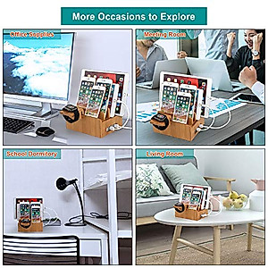 Bamboo Cell Phone Charging Station, Charger Organizer for Multiple Devices Compatible with Cell Phones, Watch, Tablet (with Watch Stand, 5 Port USB Charger, 6 Charger Cables) -BambuMate