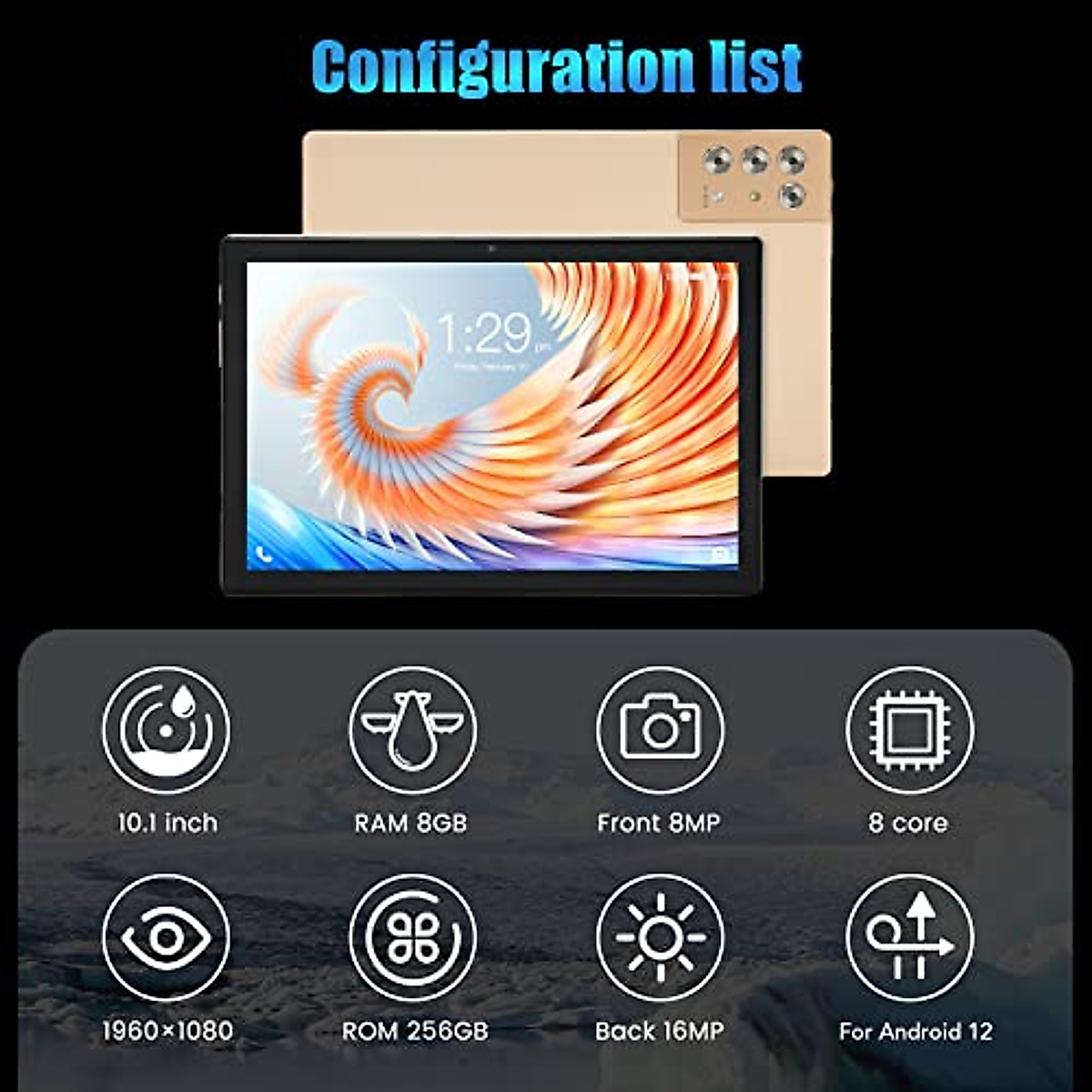 10.1 Inch Android 12 Tablet, 4G Network Tablet PC, Octa Core CPU, 8GB RAM 256GB ROM, FHD Touch Screen, 8MP Front +16MP Rear Camera, 2.4G/5G WiFi, BT5.0, 7000mAh Battery