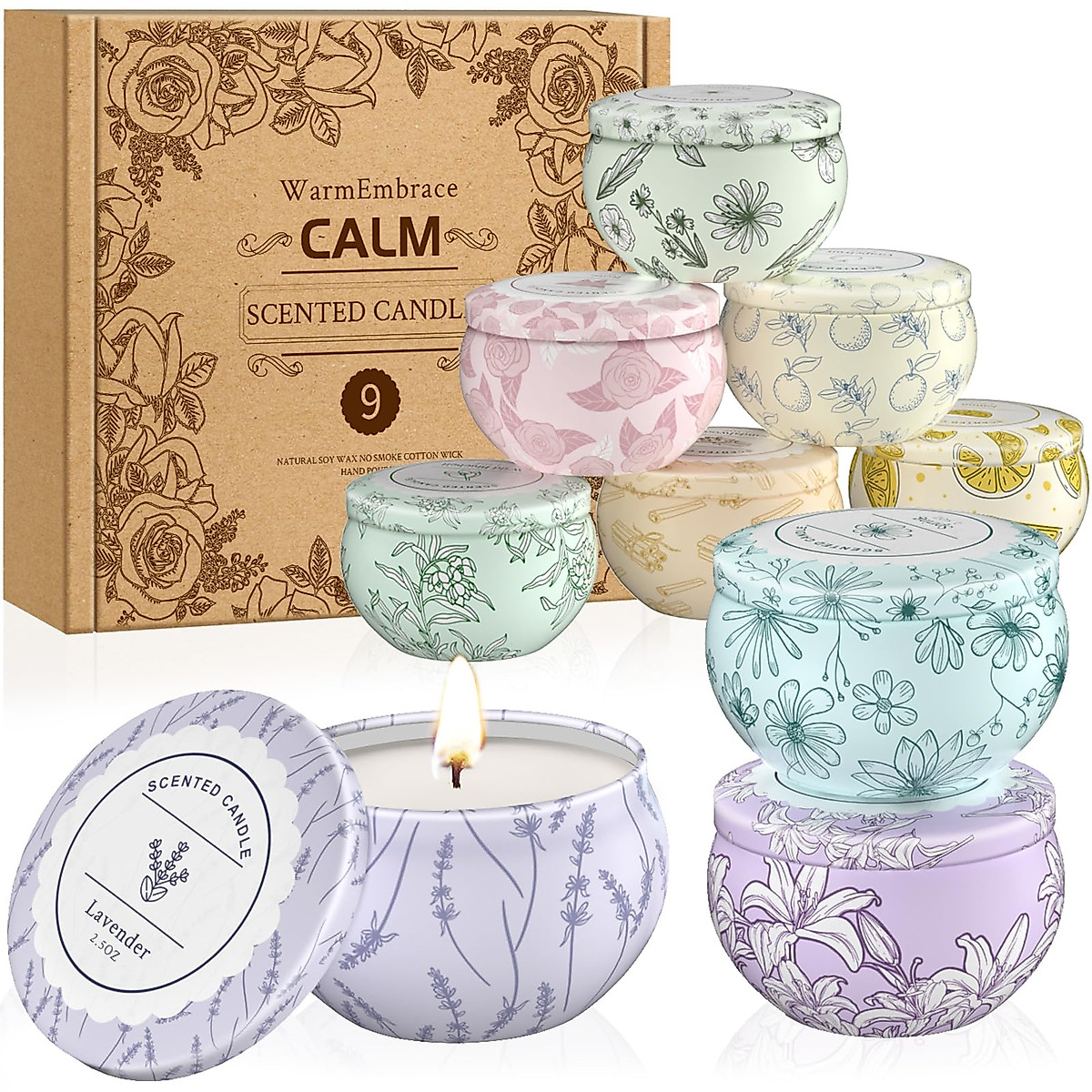 WarmEmbrace Scented Candles, Candle Set of 9, Candles for Women, Long-Lasting Candles for Home & Office Scented, Candle Present Set for Birthday, Christmas, Mother’s Day