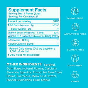 NeuroGum Energy Caffeine GUM (54 Pieces) - Sugar Free with L-theanine + Caffeine + Vitamin B12 & B6 - Nootropic Energy & Focus Supplement for Women & Men - Peppermint Flavor (Packaging May Vary)