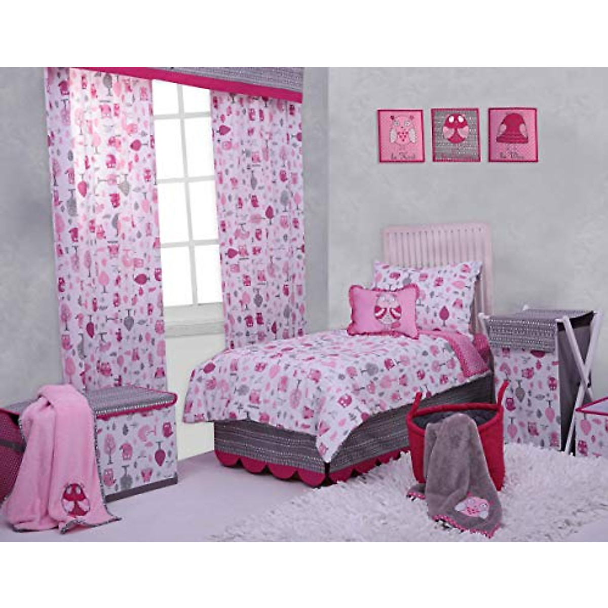 Bacati Owls Girls Cotton Hamper, Pink/Grey
