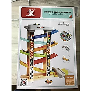 TOP BRIGHT Wooden Car Ramp Toddler Toys for 1 2 Year Old Boy Race Track, Race Car Ramp for One Two Year Old with 6 Mini Cars