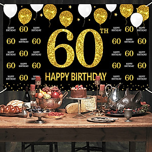 60th Birthday Decorations Happy 60th Birthday Banner for Men Women, Black Gold 60 Birthday Backdrop Sign Party Supplies, Sixty Birthday Photo Booth Background Decor for Outdoor Indoor