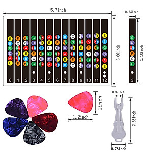 Guitar Fretboard Stickers, Kimlong Color Coded Note Decals Fingerboard Frets Map Sticker for Beginner Learner Practice Fit 6 Strings Acoustic Electric Guitars with 5 Guitar Picks & 1 Bridge Pin Puller