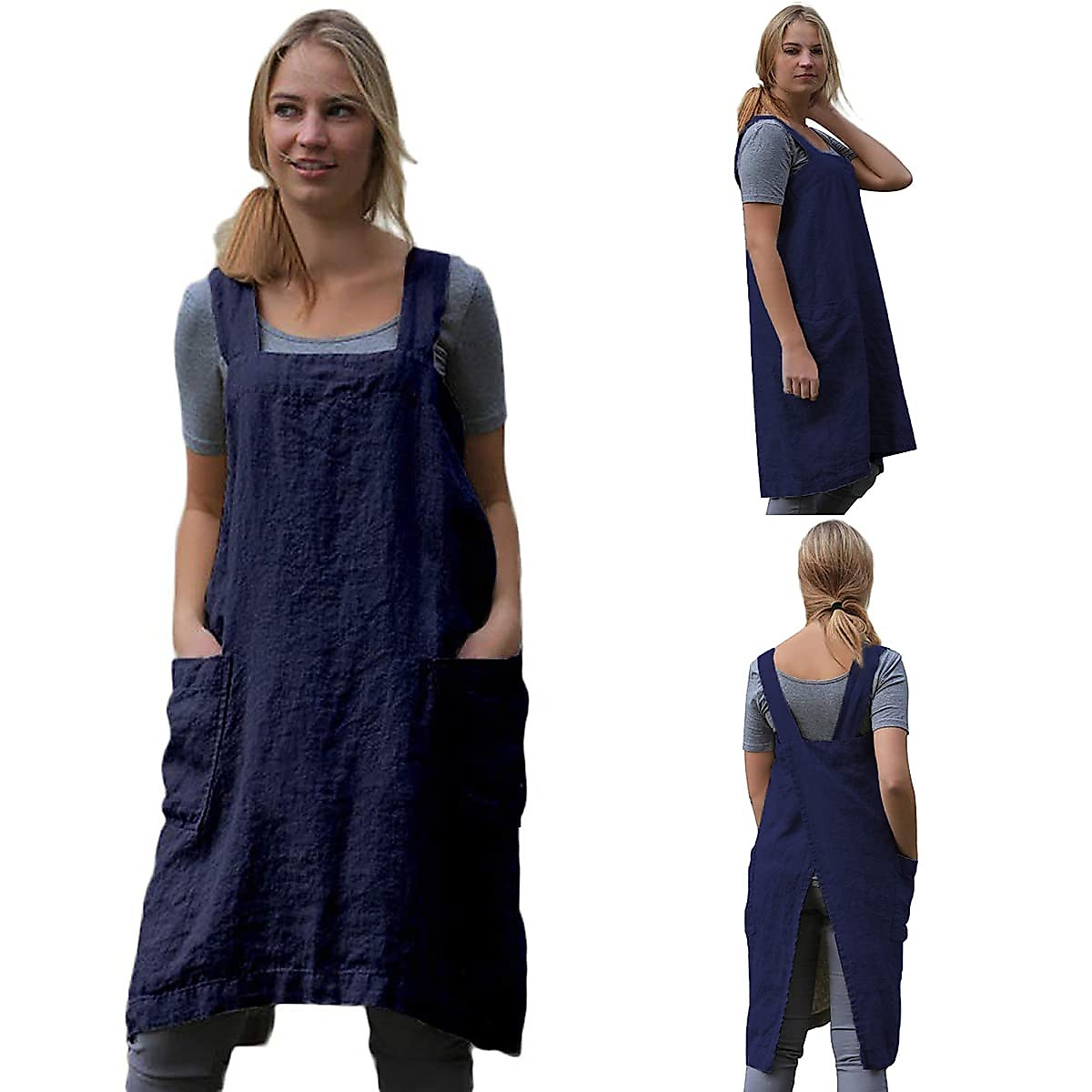 TBA Cotton Linen Apron Cross Back Apron for Women with Big Pockets Square Pinafore Dress for Baking Cooking BBQ & Grill