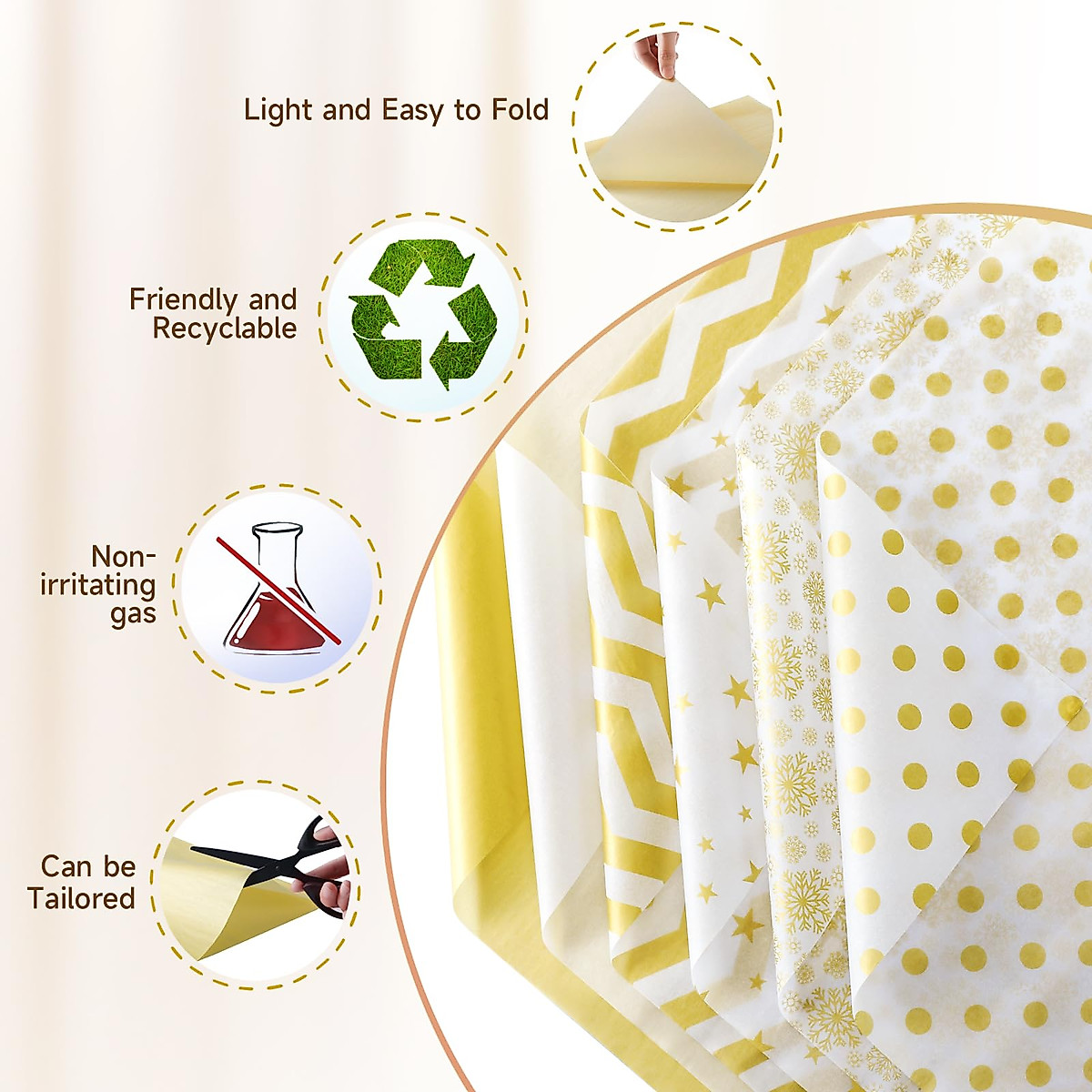 Cholancy 100 Sheets Tissue Paper for Gift Bags, 20'' x 14'' Christmas Tissue Paper for Gifts Wrapping,Gold Tissue Paper Bulk for Wedding Holiday Parties Decor