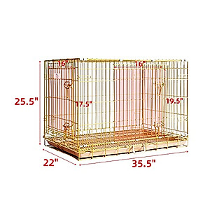 HOMEY PET Gold Dog Crate 36 Inch, Portable Folding Metal Wire Dog Kennel Pet Dog Cage with Removable Floor Grid, Pull Out Leak-Proof Pan, Double Doors, Handle for Medium Dogs, Indoor Outdoor Travel