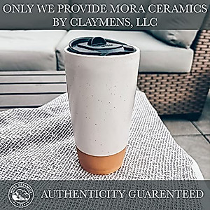 Mora Double Wall Ceramic Coffee Travel Mug with Lid, 14 oz, Portable, Microwave, Dishwasher Safe, Insulated Reusable Tall Cup, Splash Resistant Lid - To Go Tumbler for Car Cup Holder, Cotton White