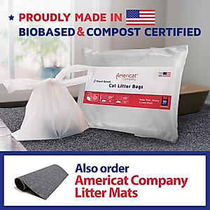 Cat Litter Bags, Plant-Based by Americat – 50 Bags for Scooped Litter, Pee & Poop from Cat Litter Boxes – Compost Certified – Holds 11 Pounds of Waste – Durable, Unscented, With Handles (16” x 8”)