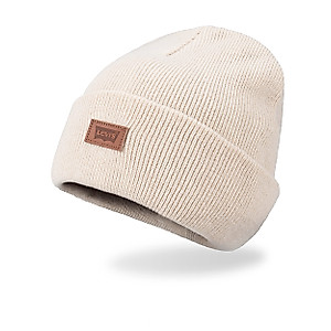 Levi's Unisex Adult All Season Comfy Leather Logo Patch Cuffed Hero Beanie Hat, Cream Solid