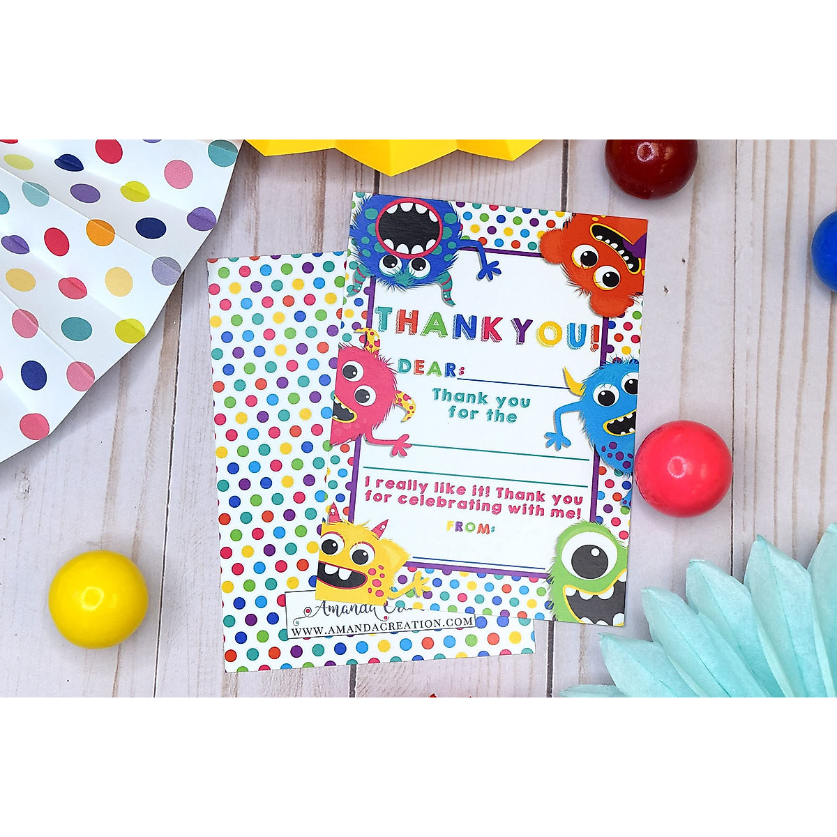 Cute & Colorful Monsters Thank You Notes for Kids, Ten 4" x 5.5" Fill In The Blank Cards with 10 White Envelopes by AmandaCreation