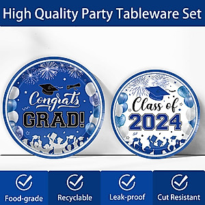 Graduation Plates and Napkins 2024 Graduation Decorations Class of 2024 Blue Silver Graduation Party Supplies Cups Tablecloth Banner Dineware for Congrats Grad Party Decorations Serve 25