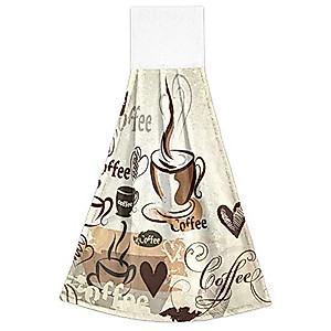 Coffee Bean Cups Kitchen Hanging Towel 12 x 17 Inch Cafe Theme Hearts Plaid Hand Tie Towels Set 2 Pcs Tea Bar Dish Cloths Dry Towel Soft Absorbent Durable for Bathroom Laundry Room Decor