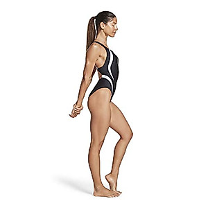 Speedo Women's Standard Swimsuit One Piece Creora Highclo Quantum Splice High Cut Solid, Fusion Black, 12