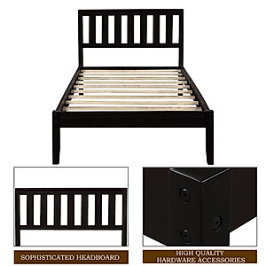 Merax Twin Bed Frame, Platform Bed Twin Size, Wood Platform Bed with Headboard and Wood Slat Support, No Box Spring Needed (Espresso, Twin)