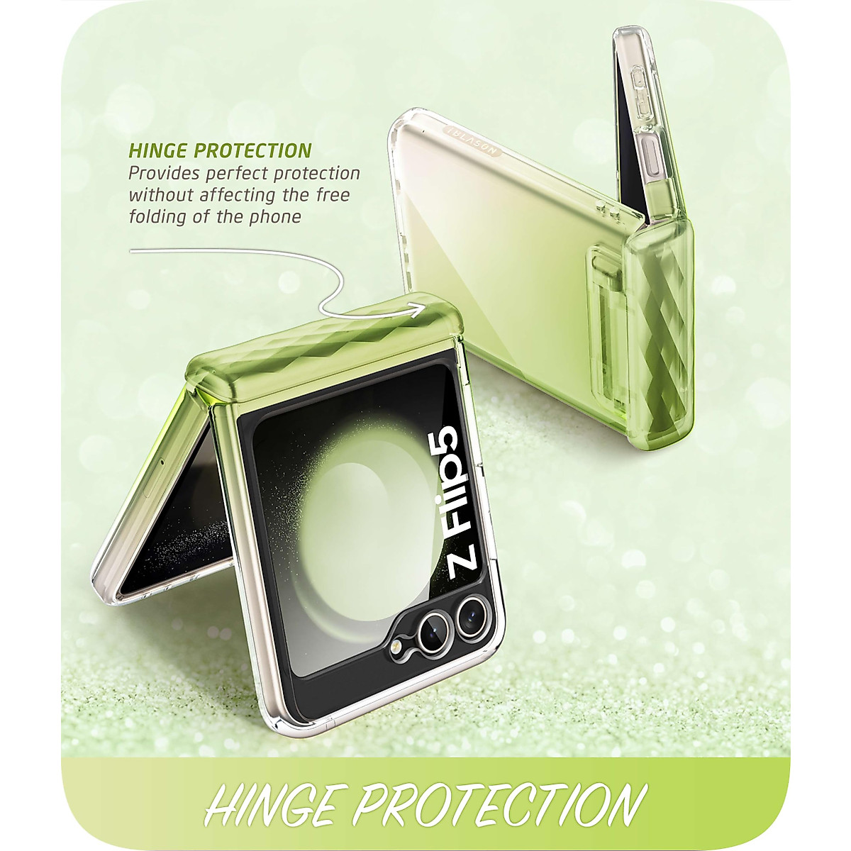 i-Blason Cosmo for Samsung Galaxy Z Flip 5 Case [Hinge Protection] [Built-in Front Screen Protector] [Support Wireless Charging] Slim Stylish Protective Phone Case for Galaxy Z Flip 5 (Green)