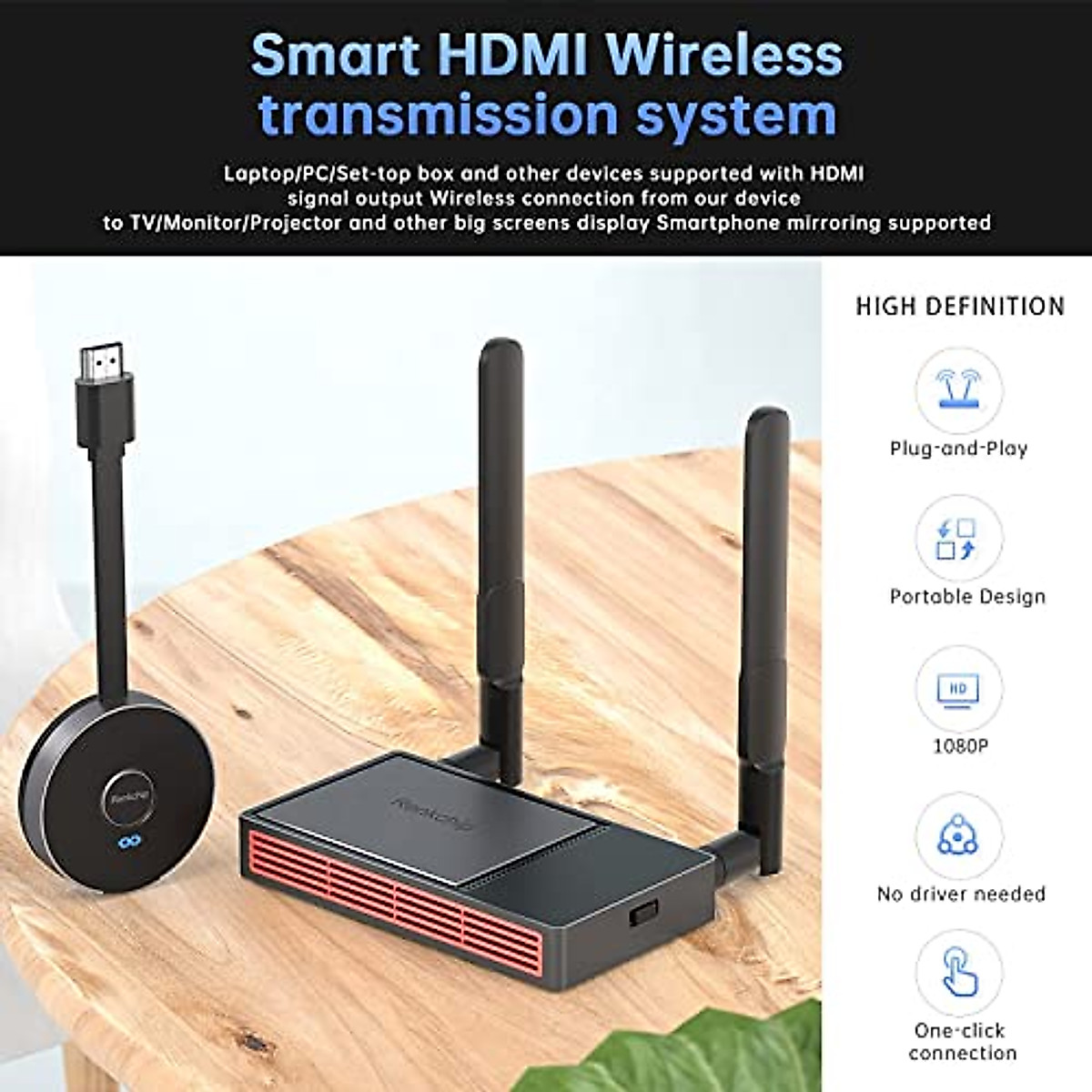 NAMCIM Wireless HDMI Transmitter and Receiver, Plug & Play, No Delay, Ultra HD Wireless HDMI Converter Dongle Adapter, Streaming Video/Audio from Laptop, PC, Smartphone to HDTV Projector