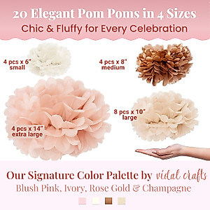 Vidal Crafts 20 PCS Dusty Pink, Rose Gold, Ivory, Pastel Grey, Tissue Paper Pom Poms Kit, 14", 10", 8", 6", Tissue Paper Flowers for Wedding, Birthday, Bridal Shower, Bachelorette, Baby Shower Décor