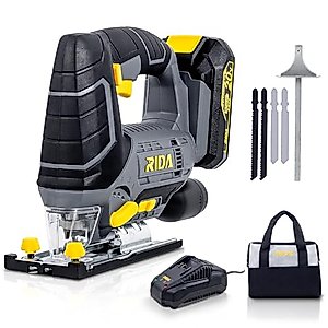 RIDA Cordless Jig Saw, 20V Jigsaw 0-2700 SPM Adjustable Speed, ±45° Bevel Cutting with LED Light, 2.0Ah Battery & 1 Hour Fast Charger, 4Pcs Blades for Woodworking New Year presents