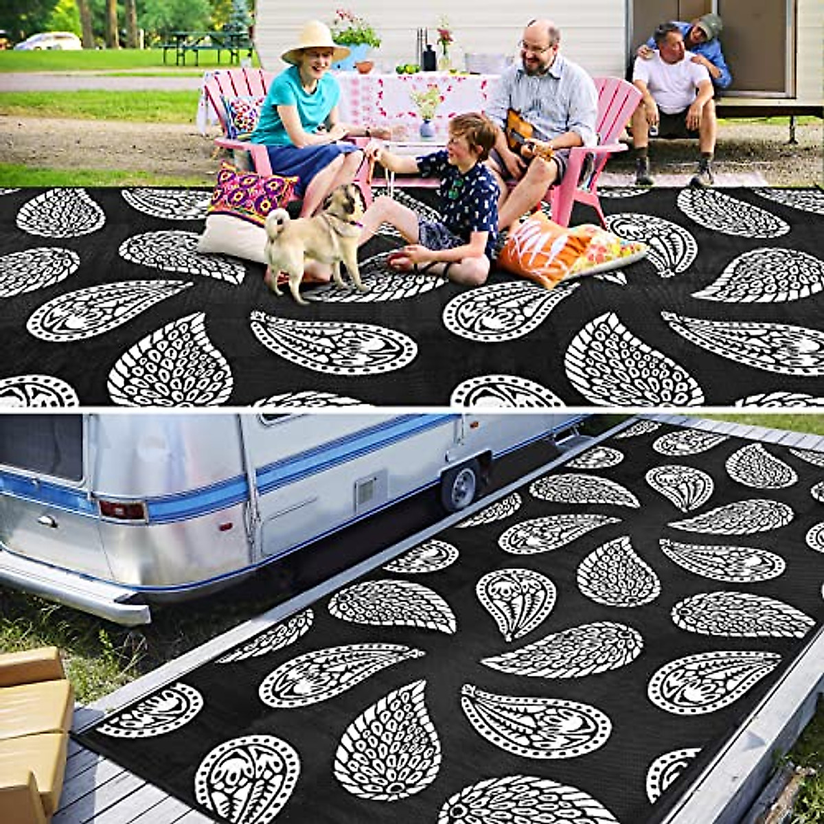 ONME Outdoor Rug RV Mat Recycled 9x18FT Reversible Mats with 8 Corner Loops for Outdoors, Patio, Backyard, Deck, Picnic, Beach, 8 Stakes and Carry Bag Included (Black and White Paisley)