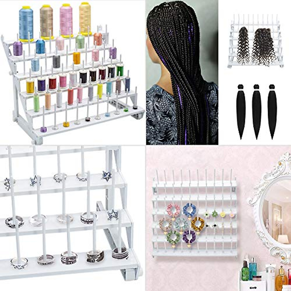 Sew Tech Thread Rack for 60 Spools or 30 Cones, Wall Mounted Large Thread Holder with Long Pegs, Bright White Plastic Thread Stand for Embroidery Serger Sewing Thread Storage and Hair Braiding