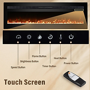 60 Inches Electric Fireplace with 20 Realistic Flames, Ultra Thin Wall Mounted Fireplace with Remote Control, Log Set & Crystals, Independent Flame and Heat Control for Year-Round Use, Black