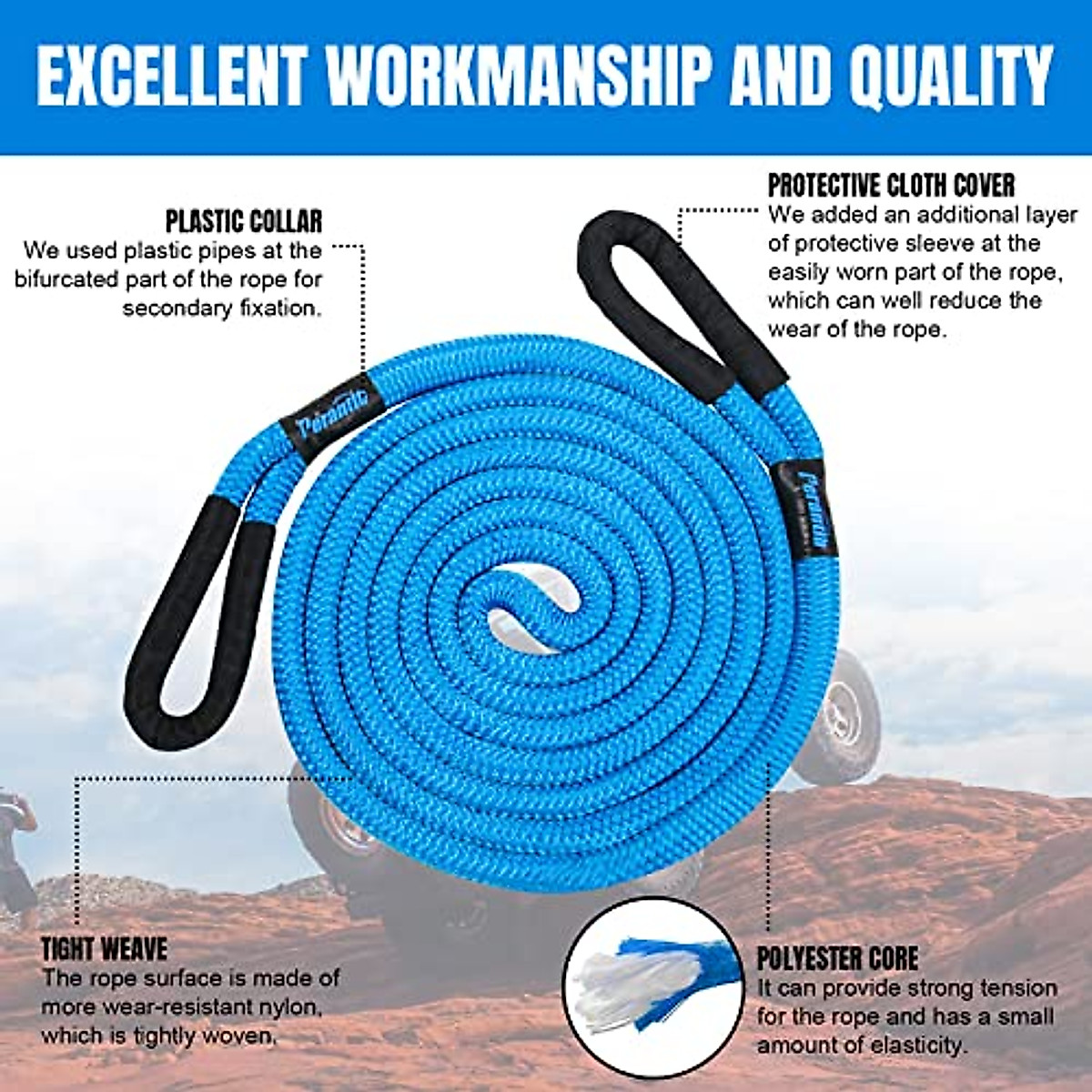 Kinetic Recovery Rope 7/8 x 30ft(26000lbs),Nylon Double Braided ...