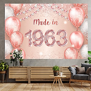 Made in 1963 Rose Gold Happy 60th Birthday Banner Cheers to 60 Years Old Backdrop Balloon Confetti Theme Decor Decorations for Women Pink Birthday Party Supplies Bday Background Glitter
