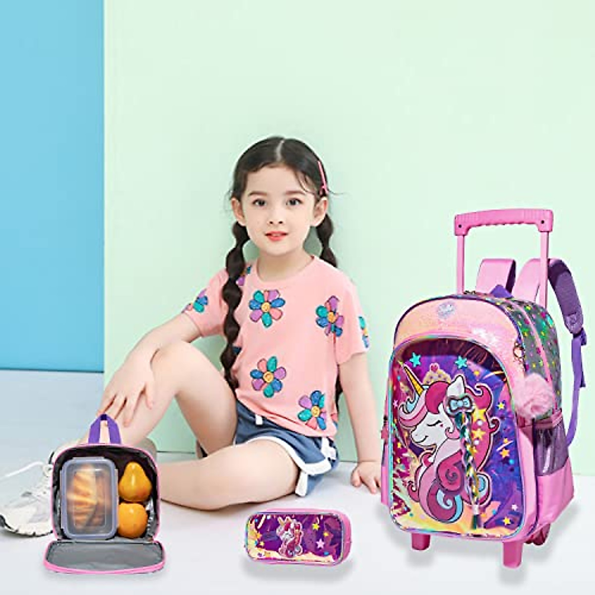 Egchescebo kids Rolling Kid Travel Toddler Duffle Bag Unicorn Backpack for Girls Carry on Luggage Roller Computer Suitcase with Pencil Case and Lunch Box Wheels Wheeled Braid Toy Backpacks Pink