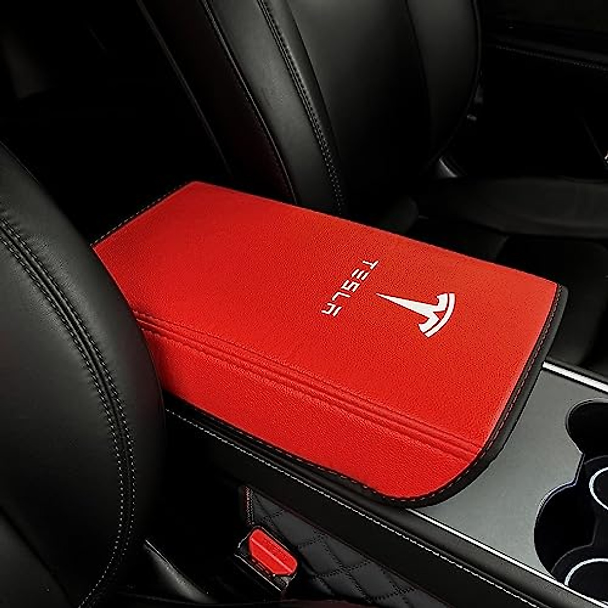WUDUWUKA Car Armrest Cover for Tesla Model 3/Y PU Leather Center Console Cover for Tesla Waterproof Auto Armrest Box Cover Decoration Interior for Model 3 2017-2023 or Model Y 2020-2023-Red