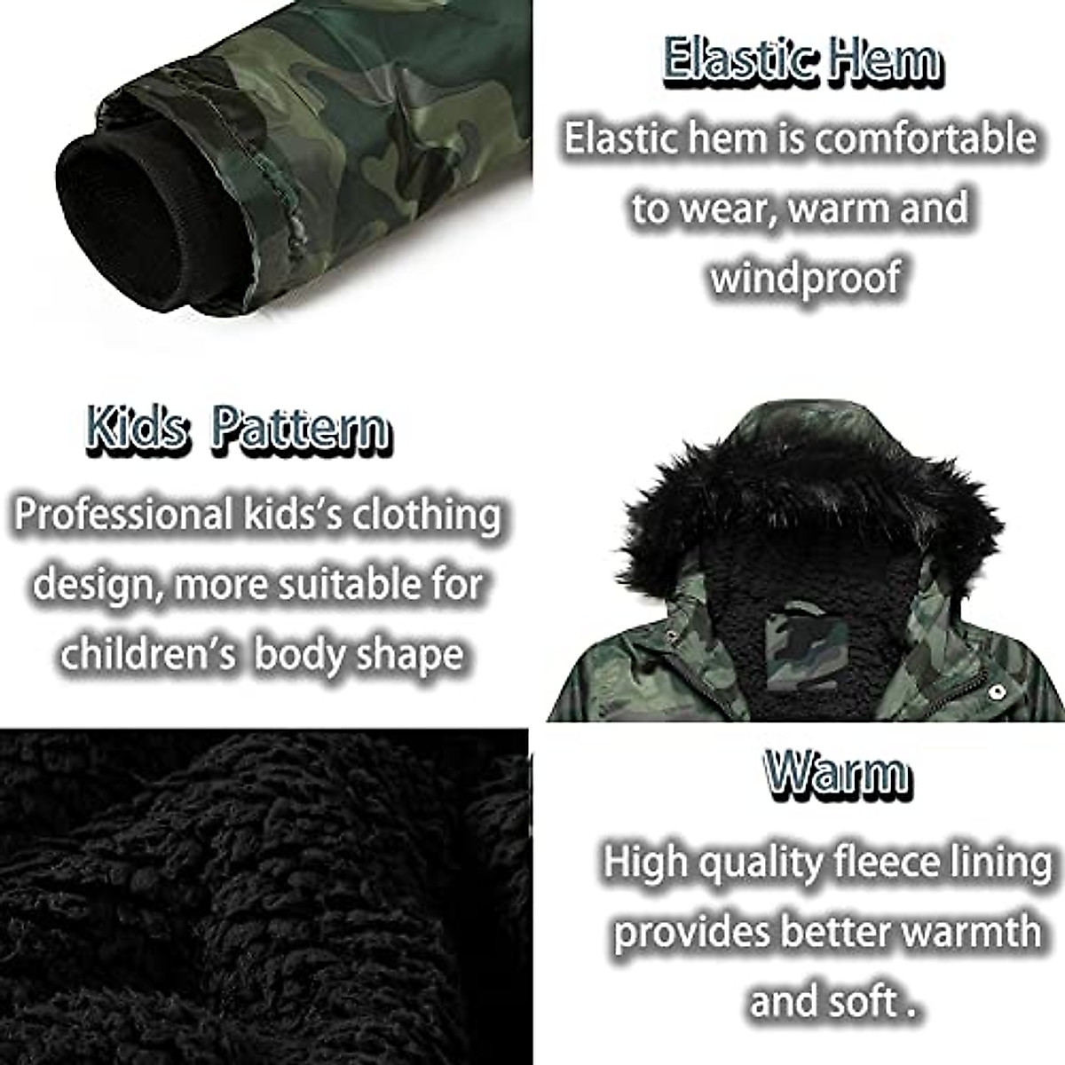 SNOW DREAMS Boys Winter Coat Puffer Jackets Fur Hooded Ski Jacket Camo Fleece Lined Army Green Size 14